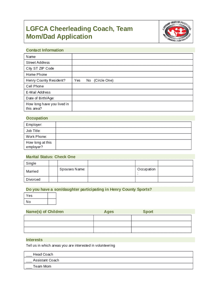 LGFCA Cheerleading Coach, Team Mom/Dad Application Doc Template | pdfFiller