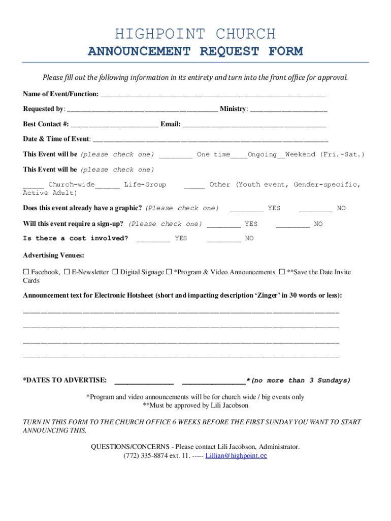 Fillable Online Church Announcement Request Form Fax Email Print ...