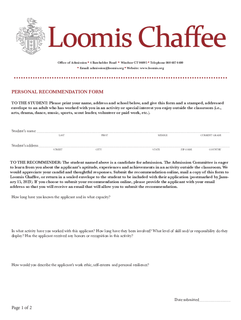 Fillable Online Loomis Chaffee School - Windsor Boarding School Fax ...