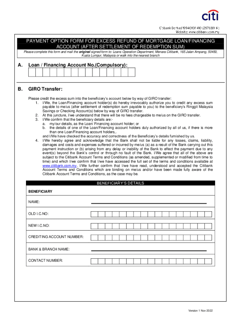 Fillable Online payment option form for excess refund of mortgage loan ...