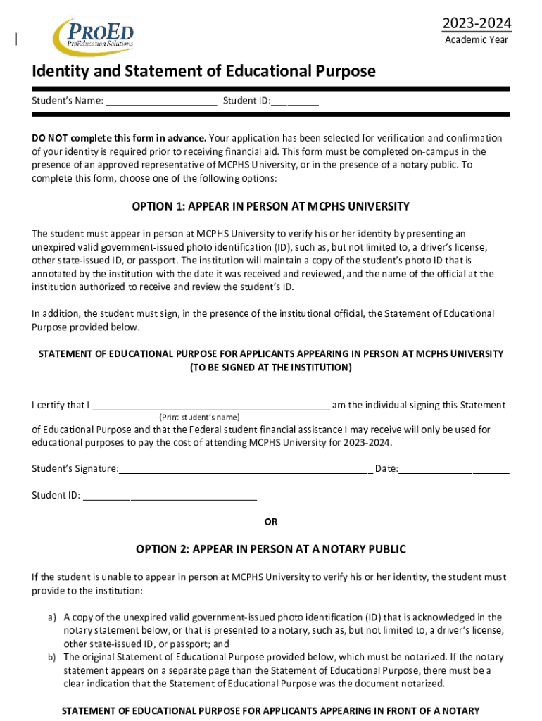 Fillable Online MCPHS University 22-23 - Identity and Statement of Educational Purpose - Copy ...