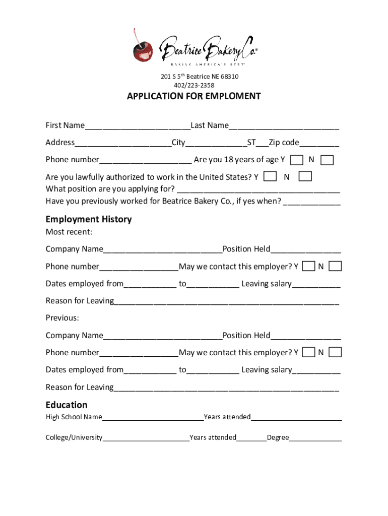 Fillable Online APPLICATION FOR EMPLOMENT Employment History ... Fax ...