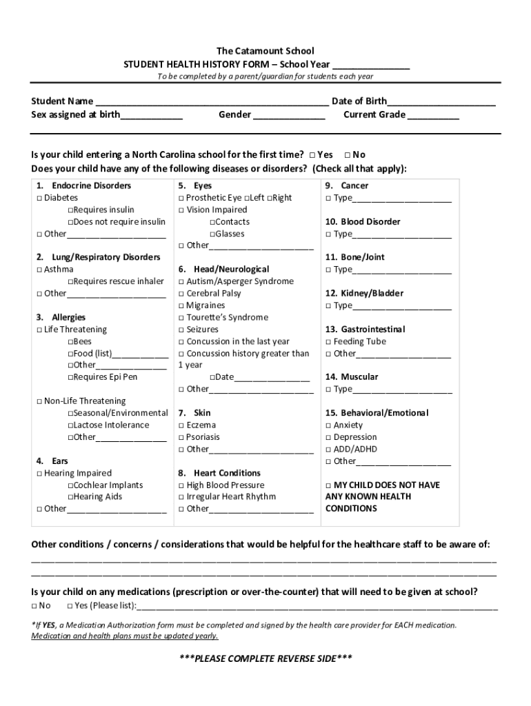 Fillable Online STUDENT HEALTH HISTORY FORMSchool Year Fax Email Print ...