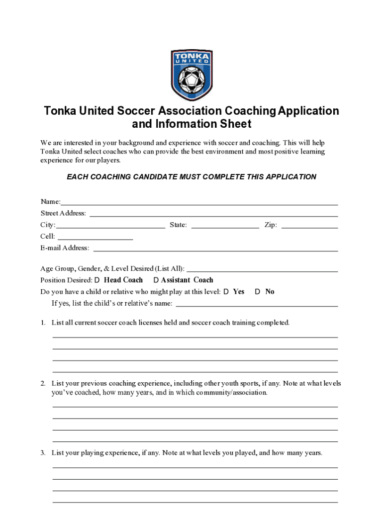 Fillable Online Tonka United Soccer Association Coaching Application ...