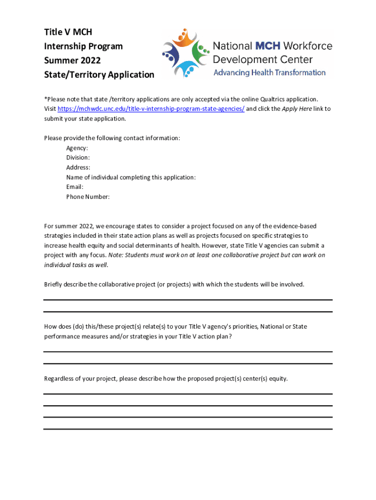 Fillable Online Title V MCH Internship Program - State Agencies Fax ...
