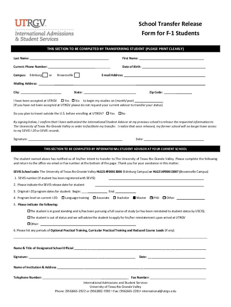 Fillable Online Transferring to UTRGV from another U.S. Institution Fax ...