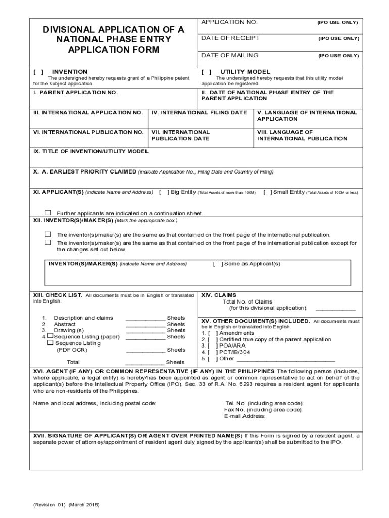 Fillable Online DIVISIONAL APPLICATION OF A NATIONAL PHASE ... Fax ...