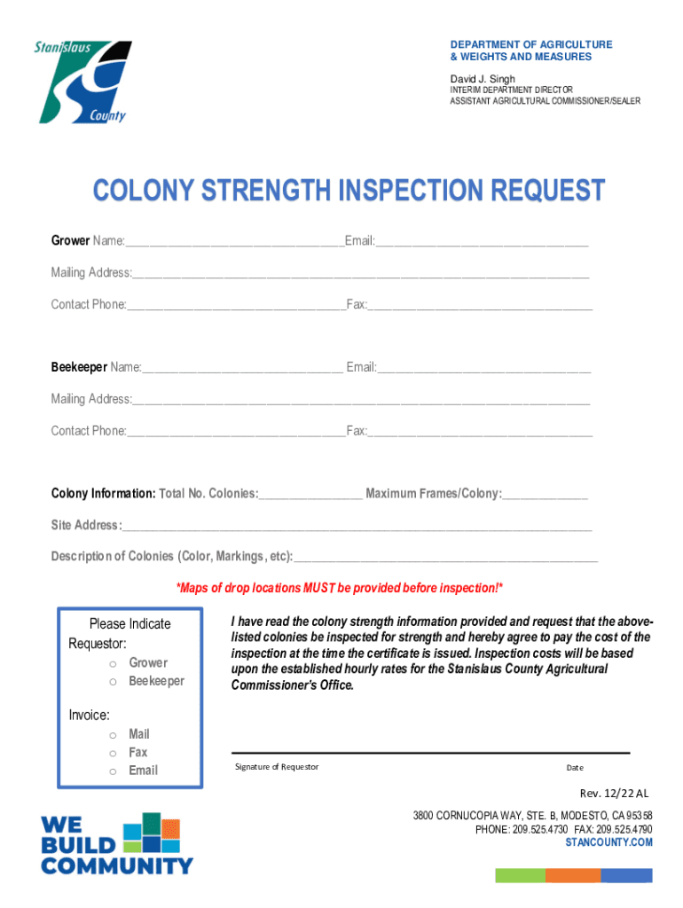 Fillable Online COLONY STRENGTH INSPECTION REQUEST Fax Email Print - pdfFiller