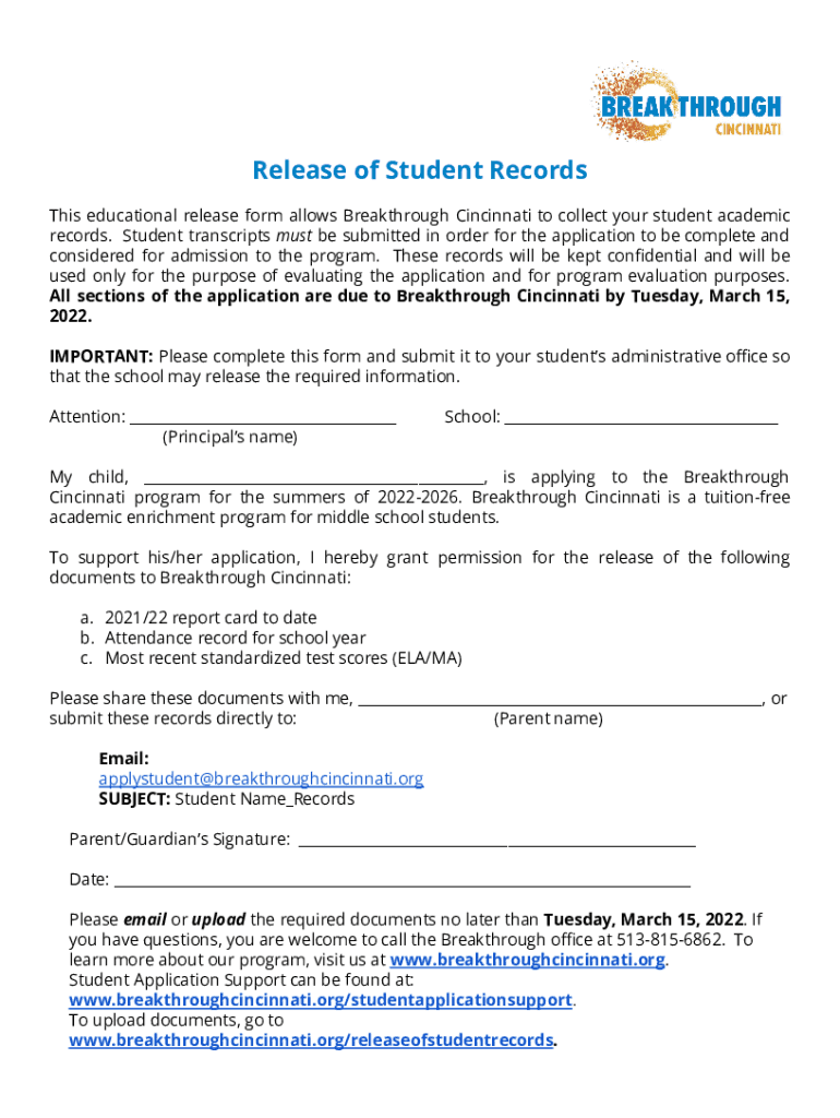 Fillable Online Authorization to Release Student Education Record ...