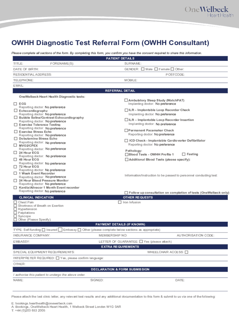 Fillable Online OWHH Diagnostic Test Referral Form (OWHH Consultant ...