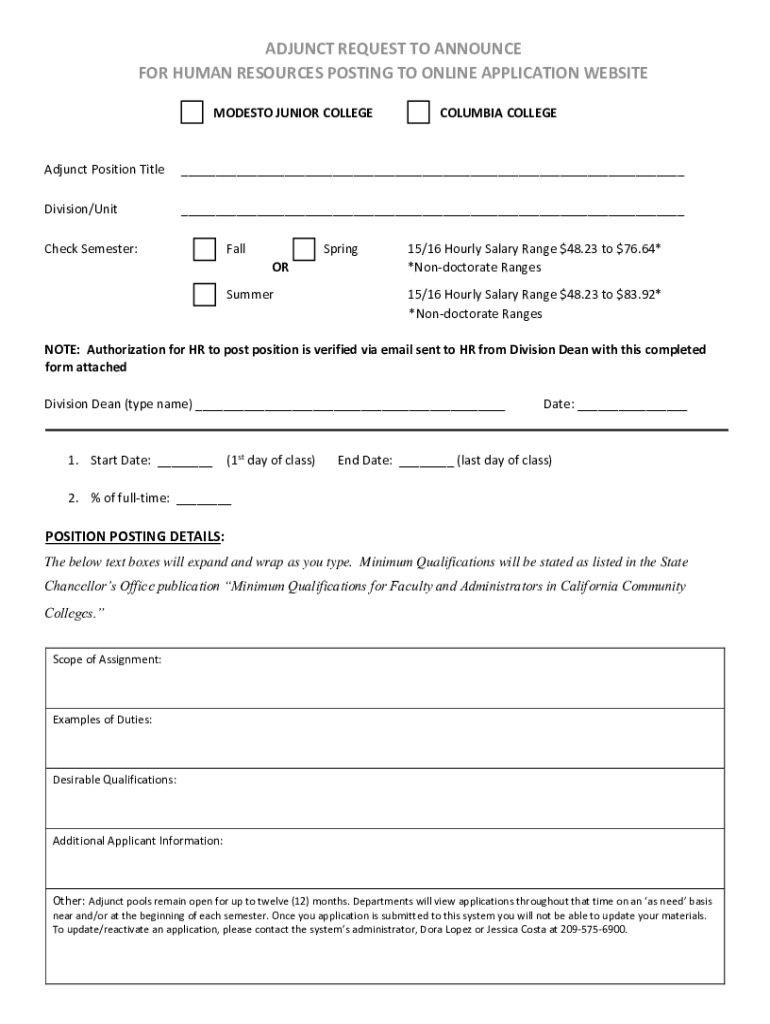 Fillable Online ADJUNCT REQUEST TO ANNOUNCE FOR HUMAN ... Fax Email Print - pdfFiller