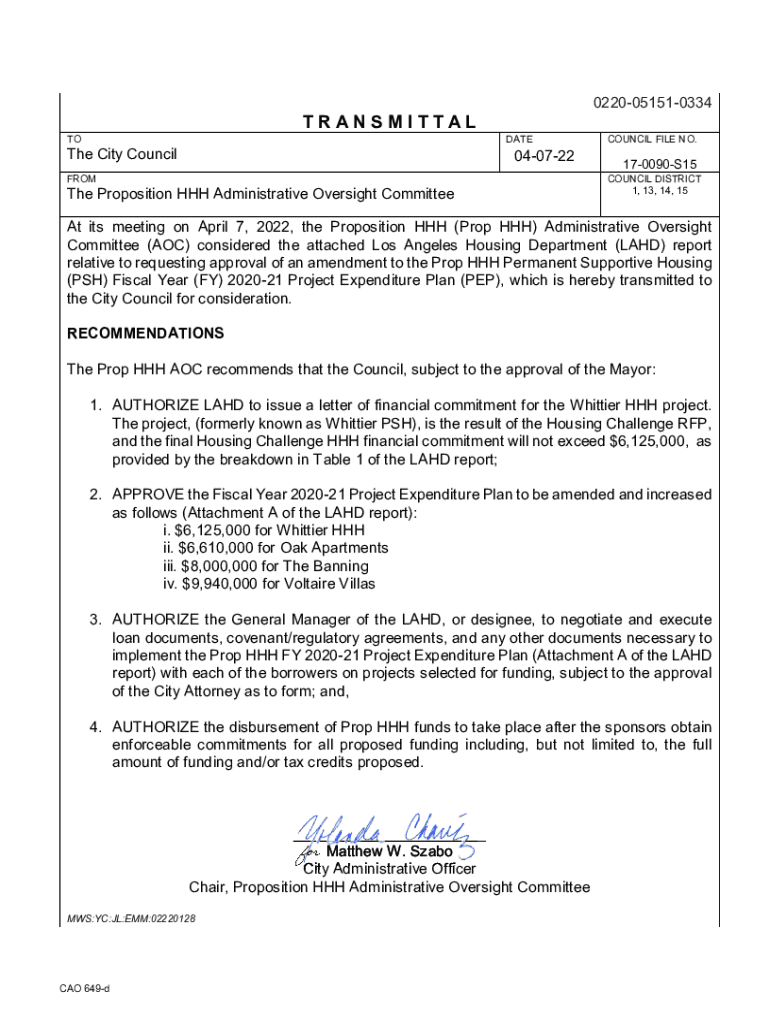 Fillable Online The Proposition HHH Administrative Oversight Committee ...