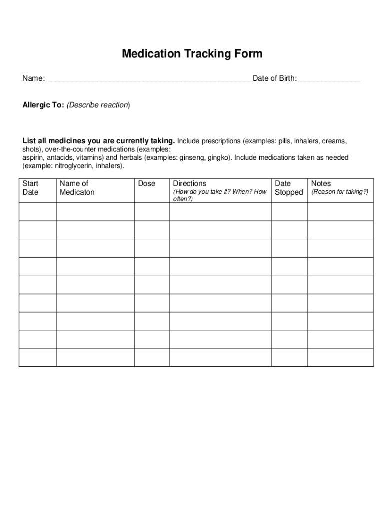 Fillable Online Medication Tracking Form Fax Email Print - pdfFiller