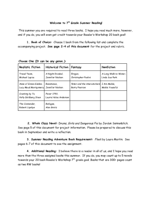 Fillable Online 7th Grade Honors ELA Summer Reading and ... Fax Email ...