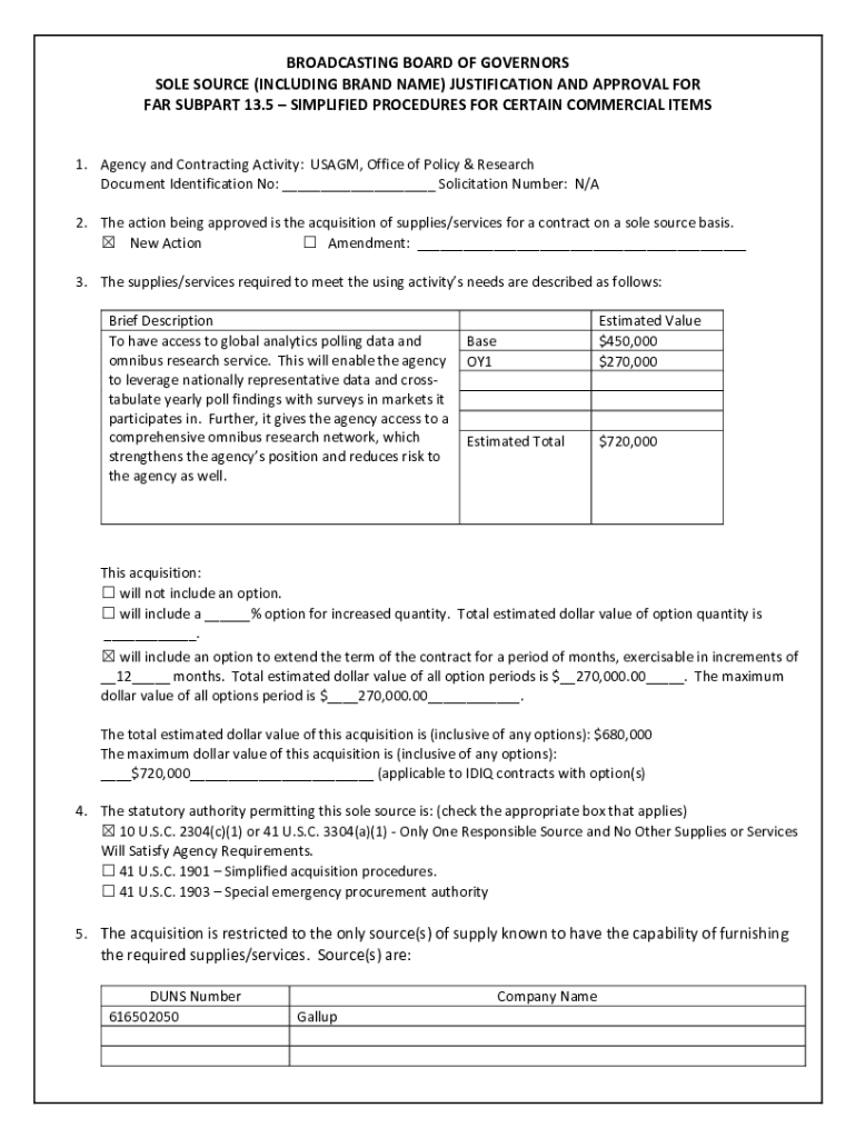 Fillable Online BBG Sole Source Justification and Approval for FAR ...
