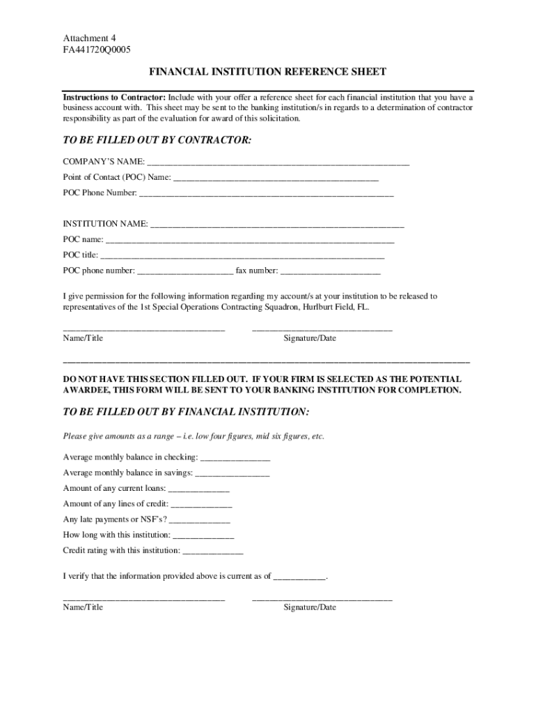 Fillable Online FINANCIAL INSTITUTION REFERENCE SHEET Fax Email Print ...