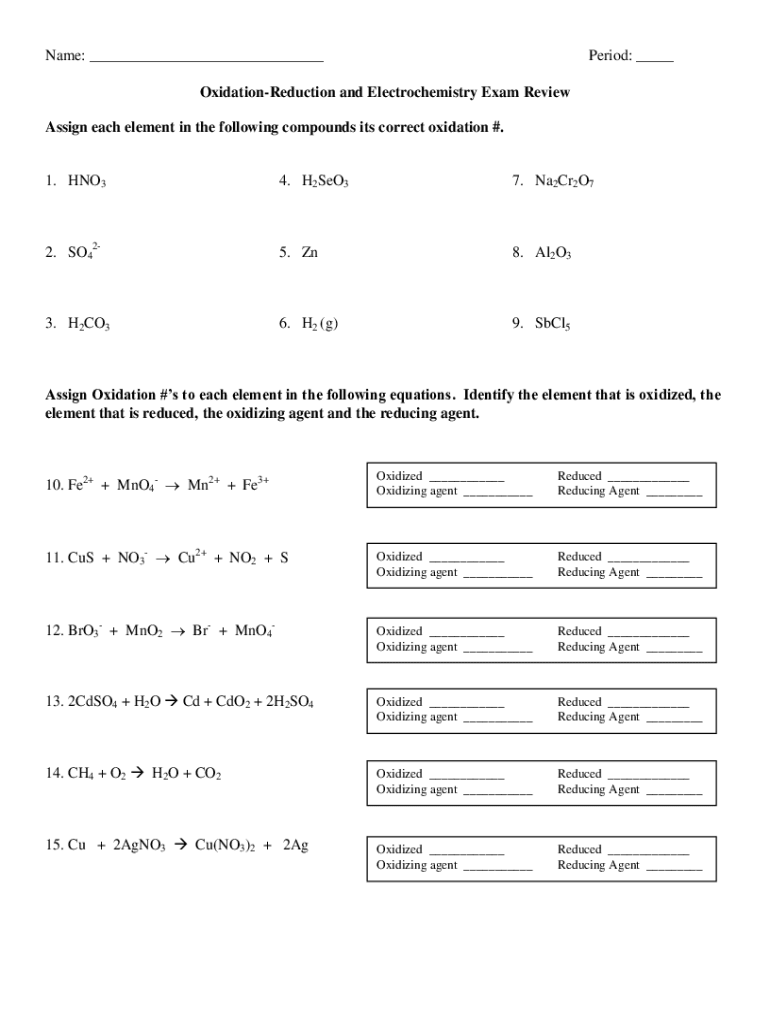 Fillable Online success csisd Oxidation-Reduction and Electrochemistry ...