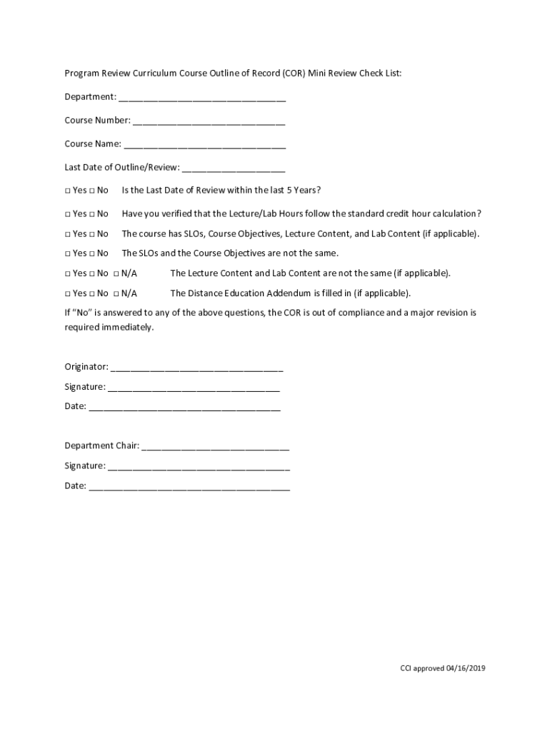 Fillable Online Program Review Curriculum Course Outline of Record (COR) Fax Email Print - pdfFiller