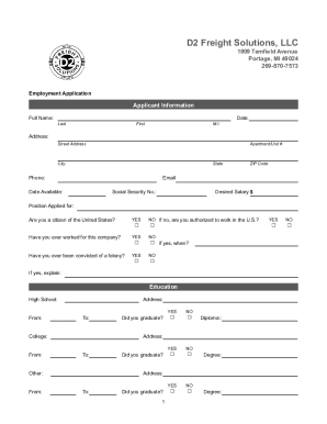 Fillable Online D2 Freight Solutions Employment Application Fax Email ...