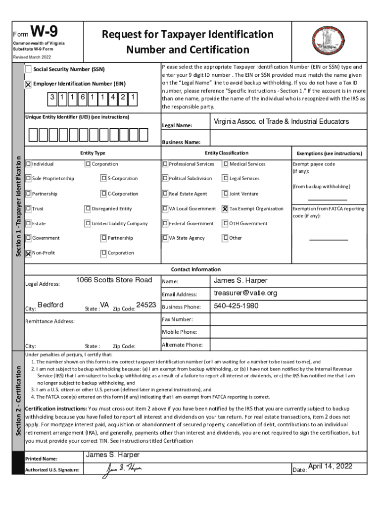 Fillable Online 15 RTP VA Substitute W 9 Form pdf Fax Email Print