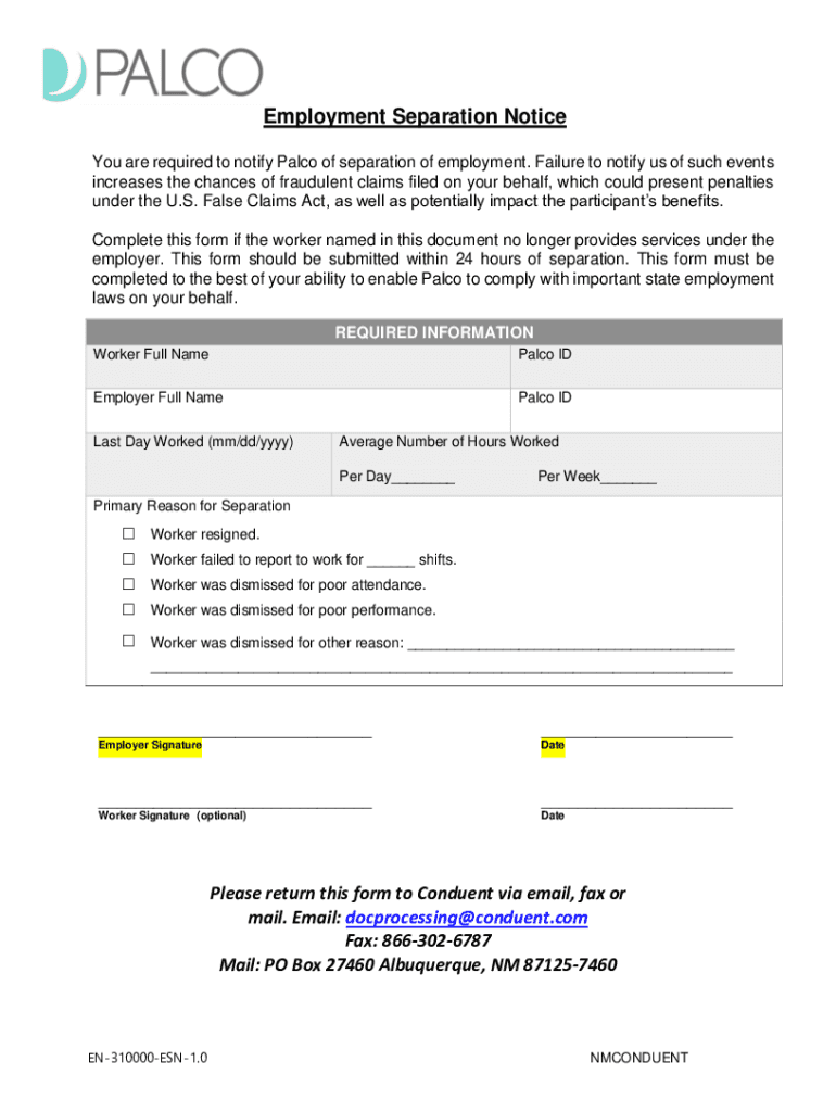 Fillable Online Employment Separation Notice Fax Email Print - pdfFiller