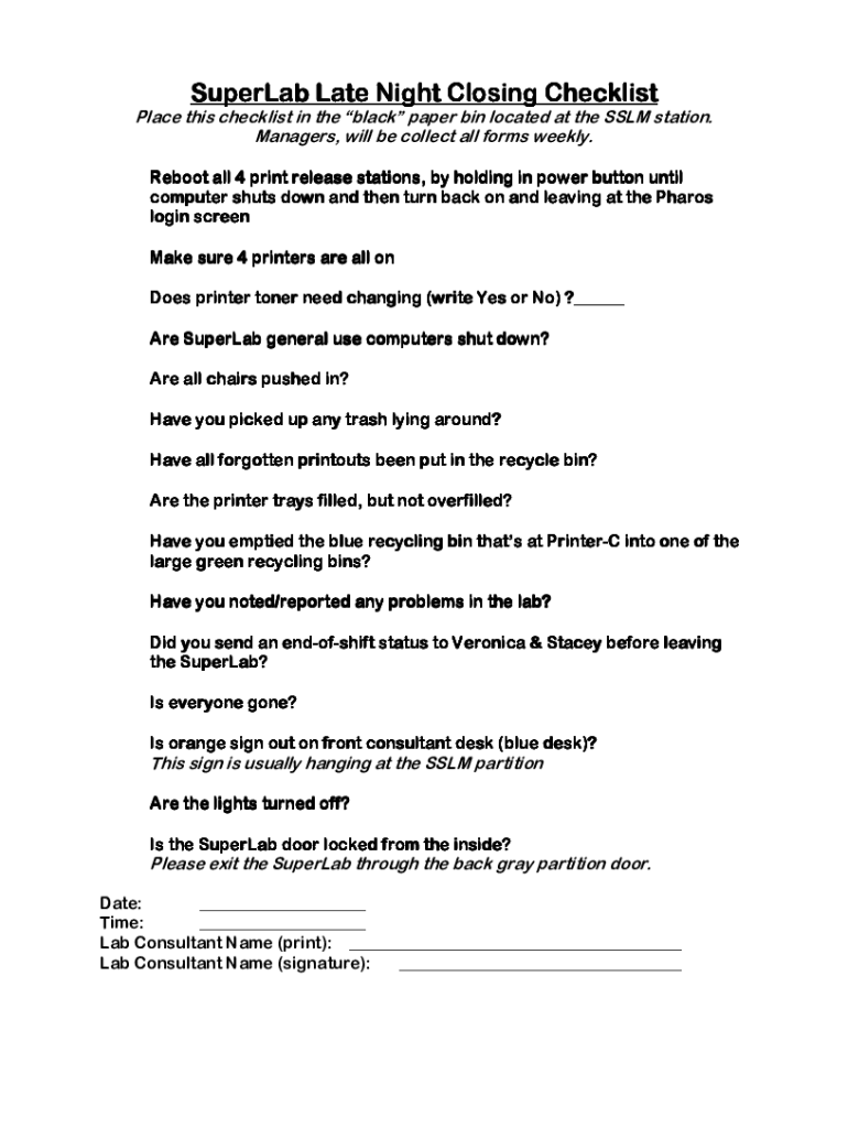 Fillable Online SuperLab Late Night SuperLab Late Night Closing ...