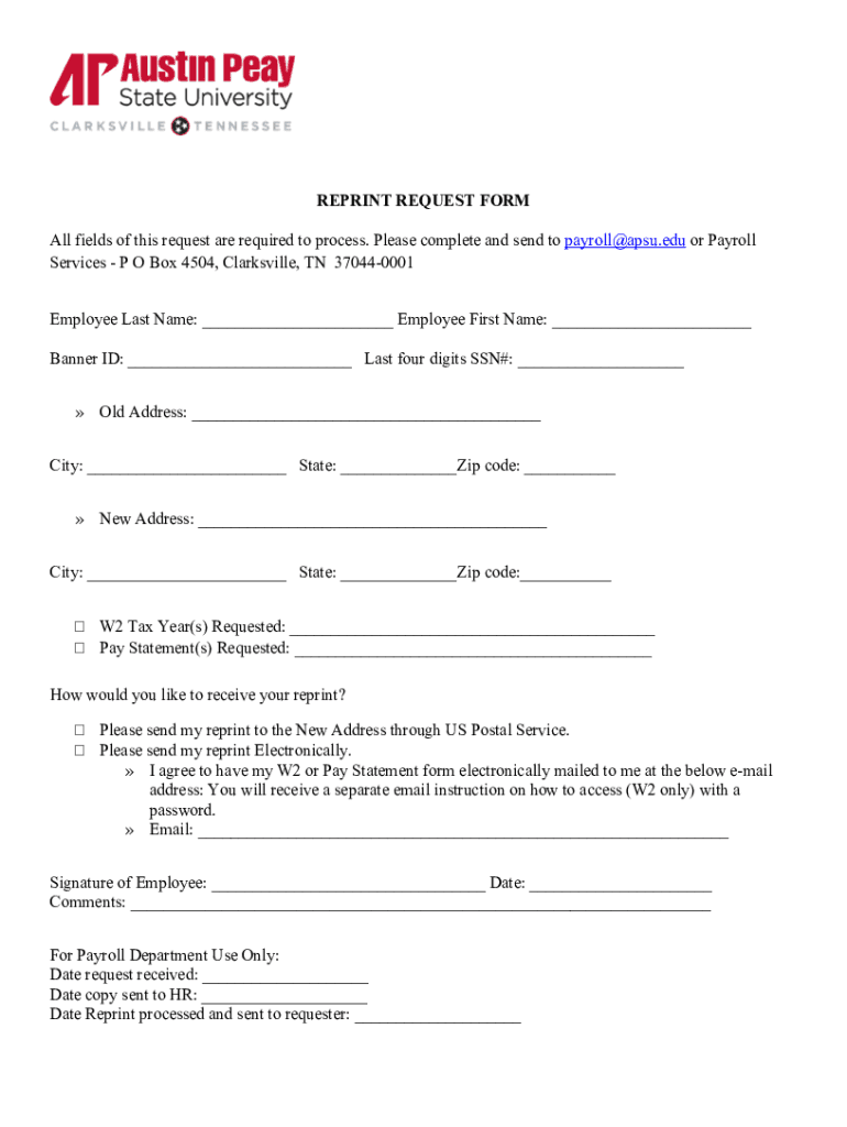 Fillable Online Reprint Request Form (W2 & Pay Statement) Fax Email ...