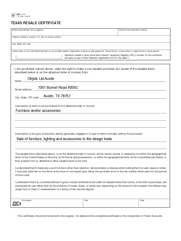 Fillable Online Texas Reseller Certificate - Fill and Sign Printable ...