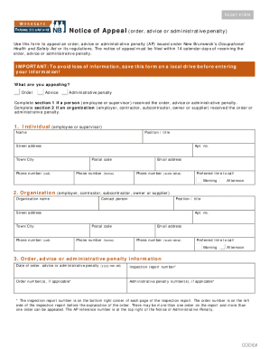 Fillable Online Notice of Appeal (order, advice or administrative ...