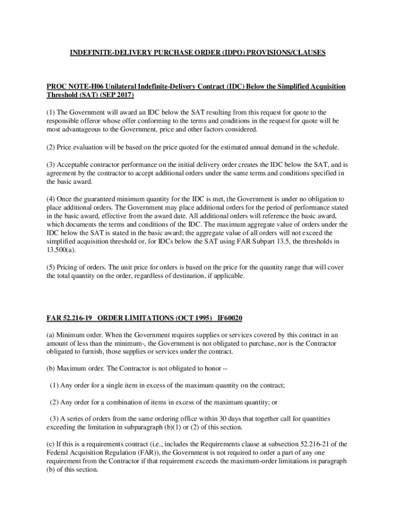 Fillable Online indefinite-delivery purchase order (idpo) provisions ...
