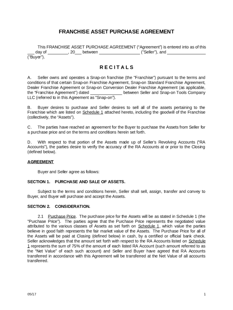 franchise asset purchase agreement Doc Template | pdfFiller