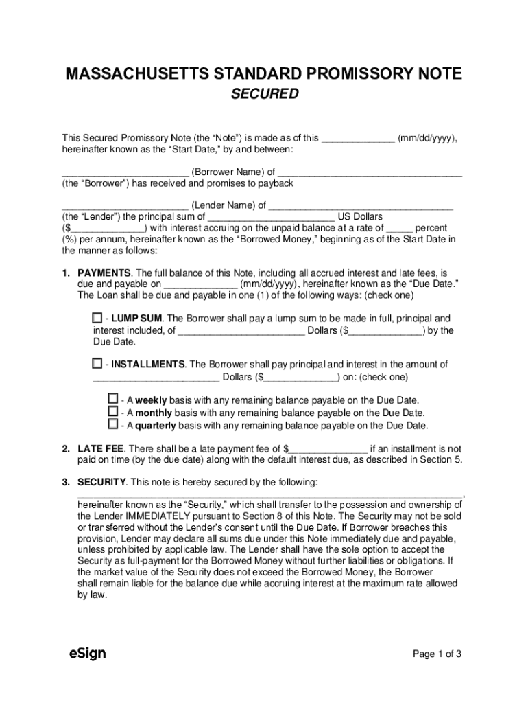 Fillable Online Massachusetts Standard Secured Promissory Note Template 