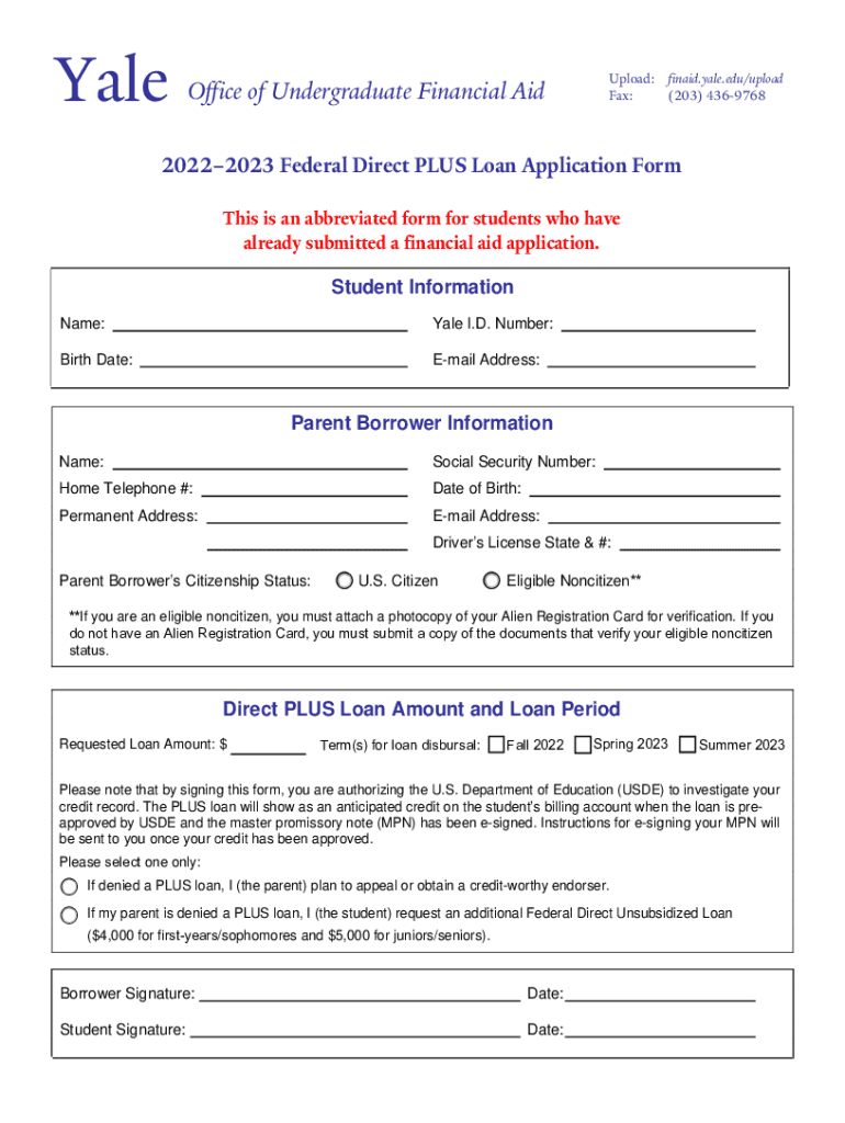 Fillable Online finaid yale Federal Loan Request Form - Financial Aid ...