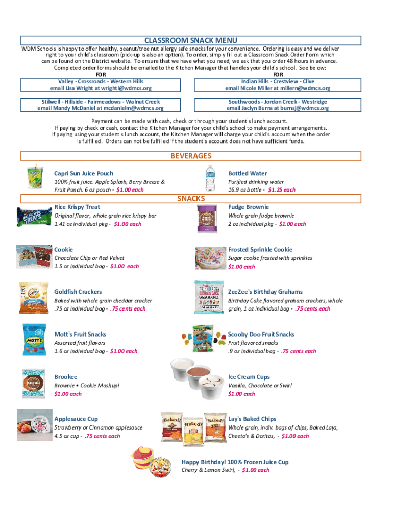 Fillable Online Classroom Snack Menu with Order Form Fax Email Print ...