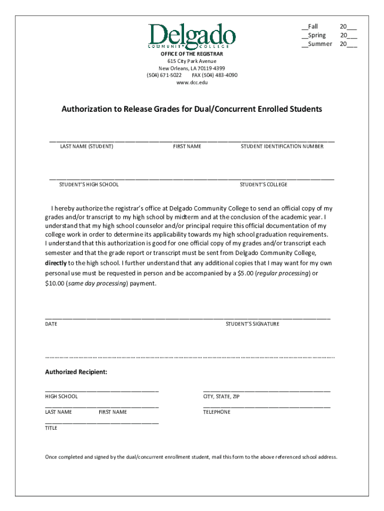 Fillable Online Authorization to Release Grades for Dual/Concurrent ...