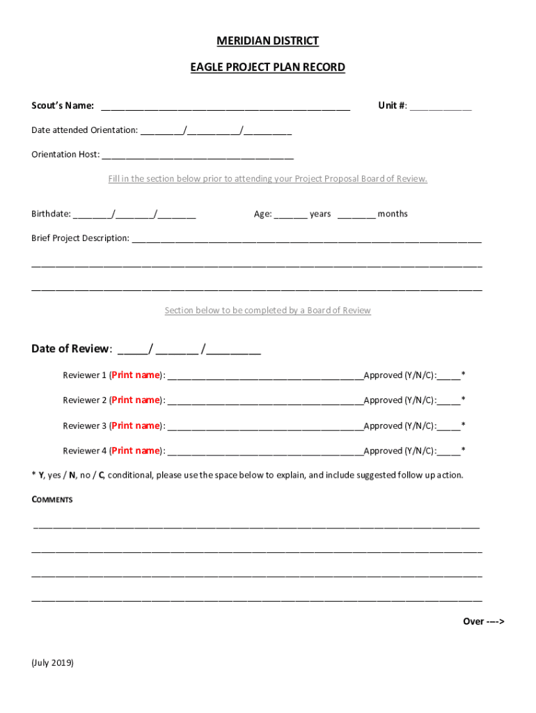 Fillable Online MERIDIAN DISTRICT EAGLE PROJECT PLAN RECORD Date of ...