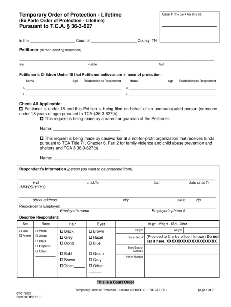Fillable Online Petition for Temporary Order of Protection(write-in-the ...