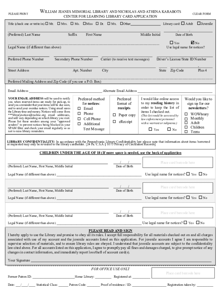 Fillable Online William-Jeanes-Library-Card-Application- ... Fax Email Print - pdfFiller