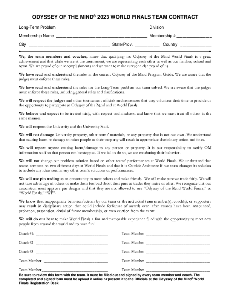 Fillable Online ODYSSEY OF THE MIND STUDENT CONTRACT Fax Email Print ...