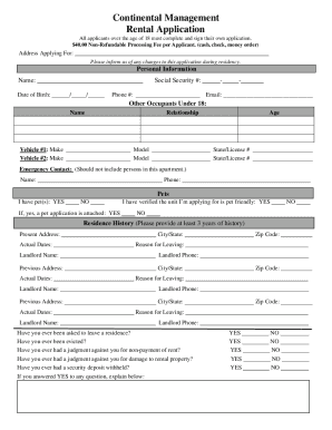Fillable Online Continental Management Rental Application Fax Email ...