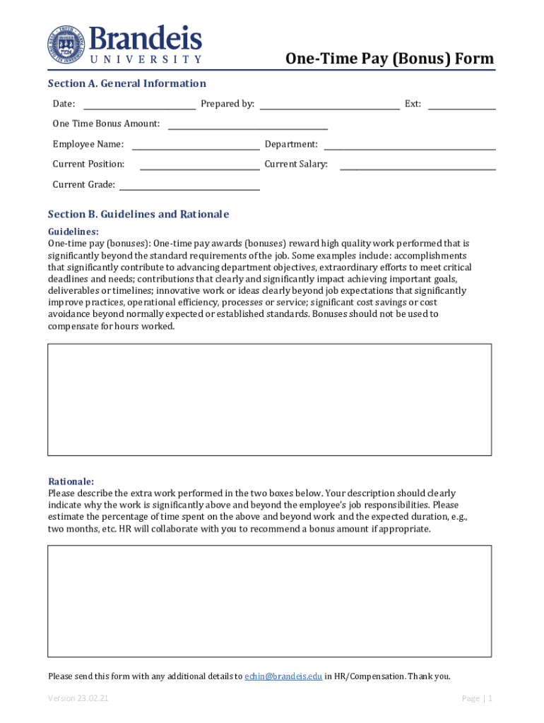 Fillable Online One-Time Pay (Bonus) Form Fax Email Print - pdfFiller