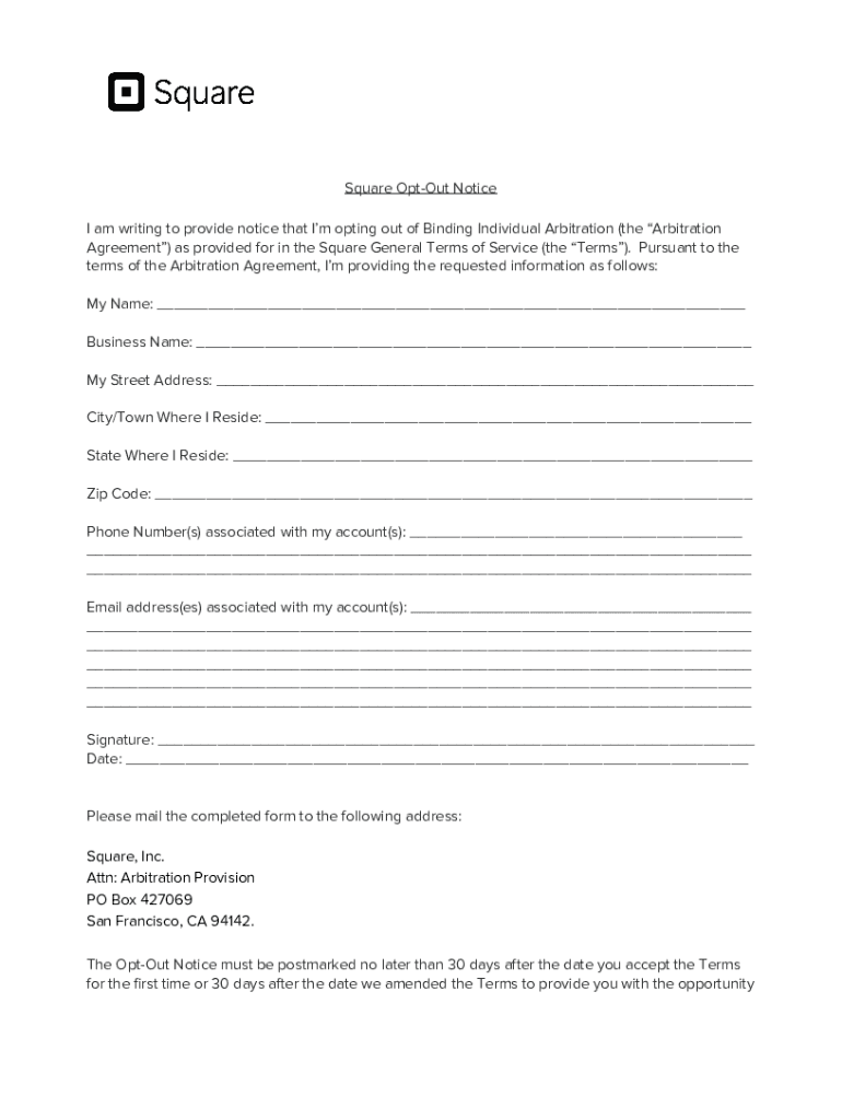 Fillable Online Square Opt-Out Notice Fax Email Print - pdfFiller