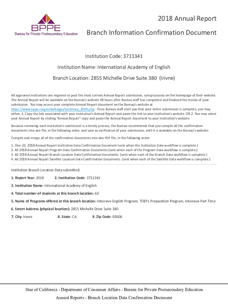 Fillable Online 2018 Annual Report Branch Information Confirmation ...