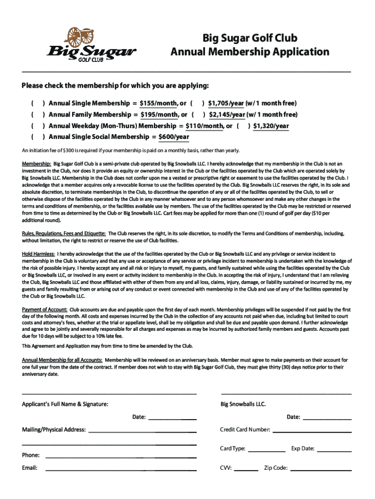 Fillable Online Big Sugar Golf Club Annual Membership Application Fax ...