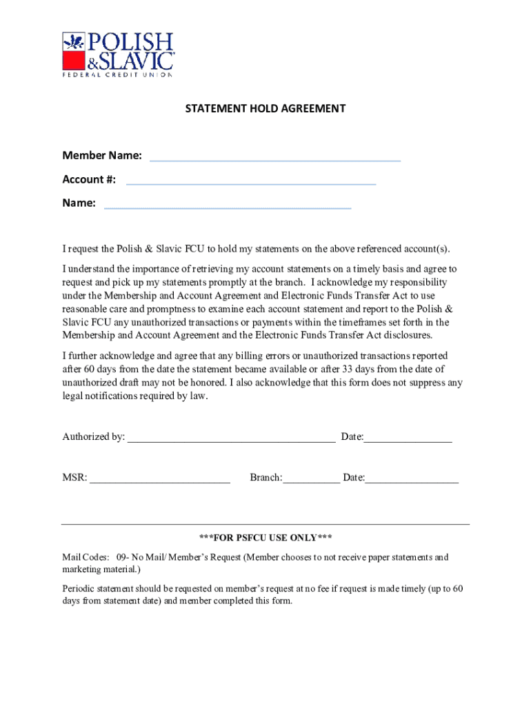 Fillable Online STATEMENT HOLD AGREEMENT Member Name: Account Fax Email ...