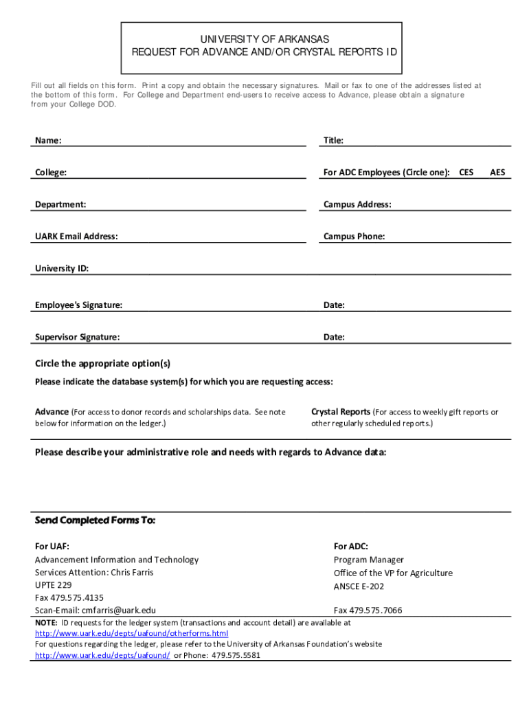 Fillable Online advancement uark university of arkansas request for advance and/or crystal ...