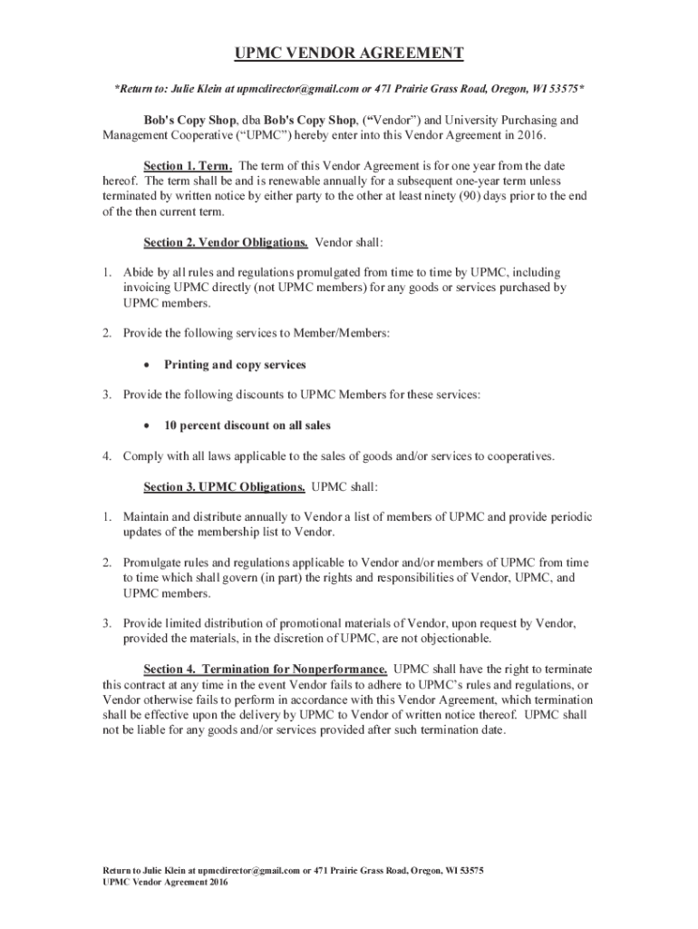 Fillable Online UPMC VENDOR AGREEMENT Fax Email Print - pdfFiller