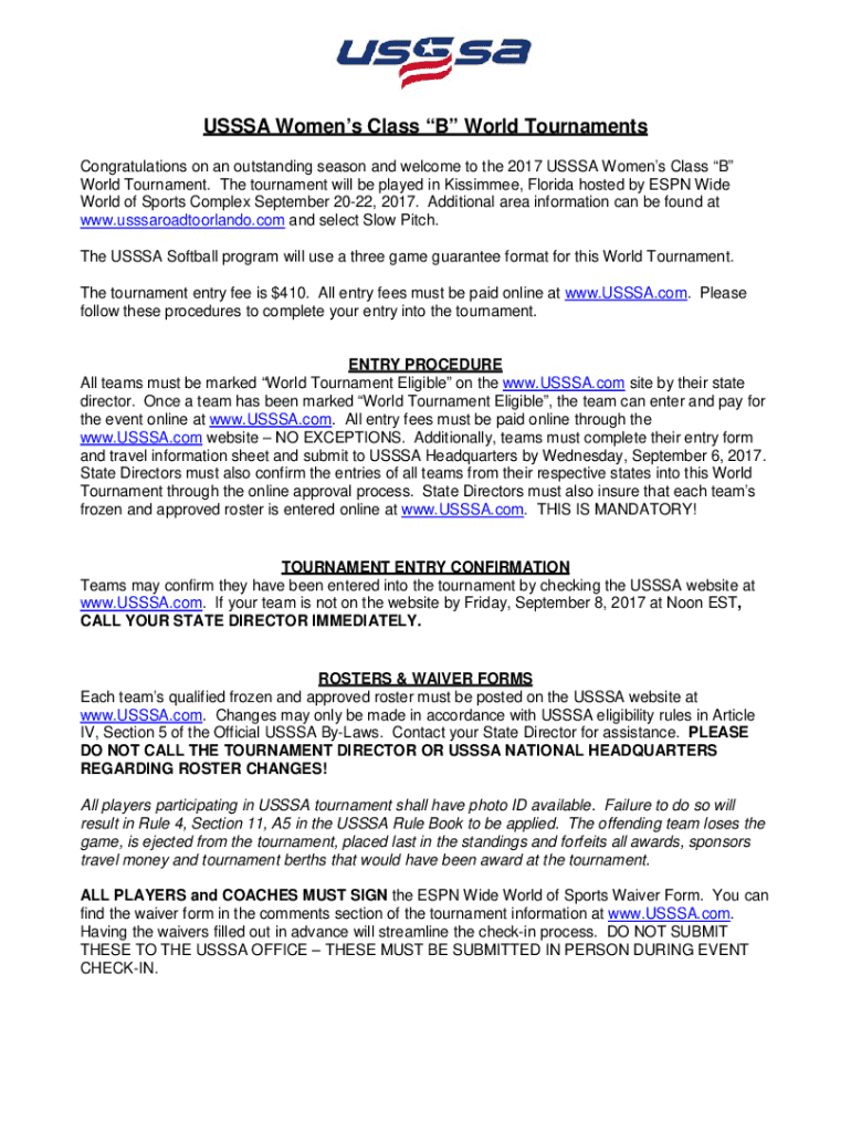 Fillable Online USSSA Womens Class B World Tournaments Fax Email Print ...