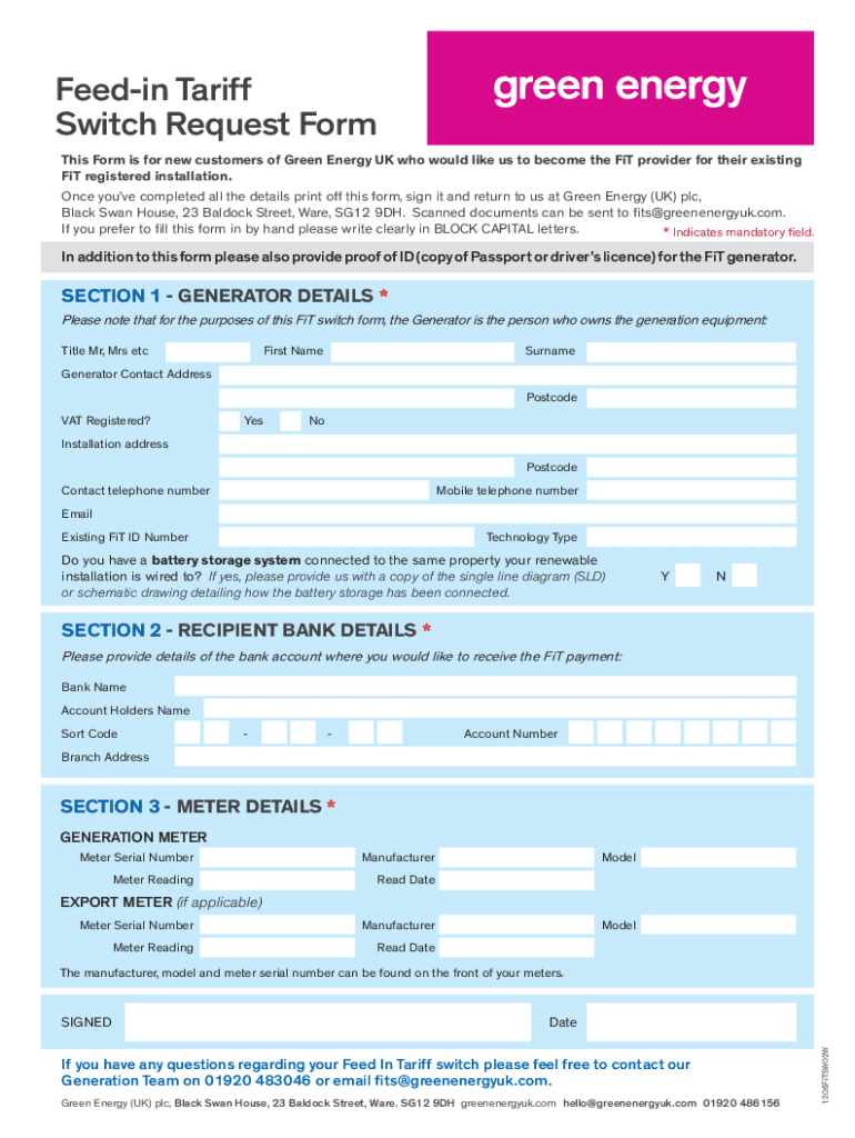 Fillable Online Feed-in Tariff Switch Request Form Fax Email Print ...