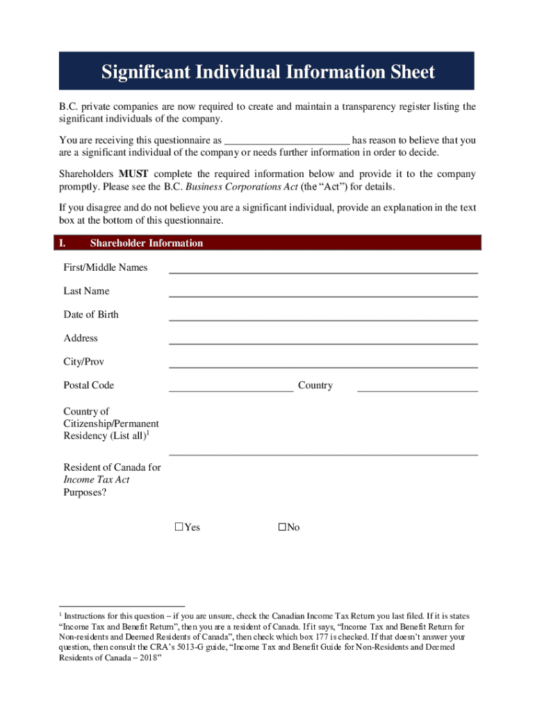 Fillable Online Significant Individual Information Sheet Fax Email ...
